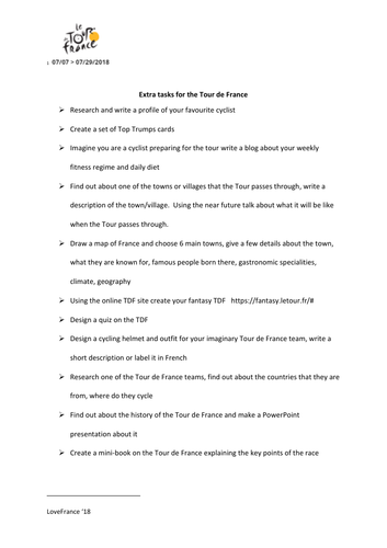 Home, school, independent learning FrenchTour de France | Teaching ...