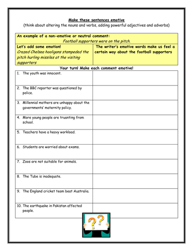 Create Emotive Sentences (persuasive writing) - worksheet | Teaching ...