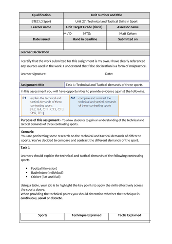 Unit 27: Technical and Tactical Skills in Sport | Teaching Resources
