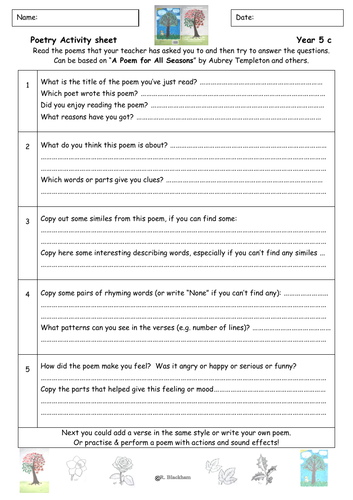 Year 5 Poetry comprehension differentiated resource sheets Primary Key ...