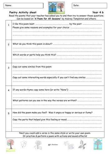 Year 4 Poetry comprehension differentiated resource sheets Primary Key ...