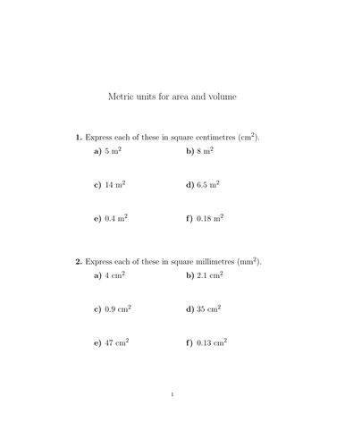 Metric units for area and volume worksheet (with solutions) | Teaching ...
