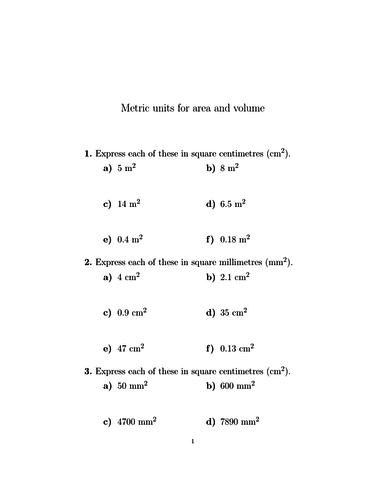 Metric units for area and volume worksheet (with solutions) | Teaching ...