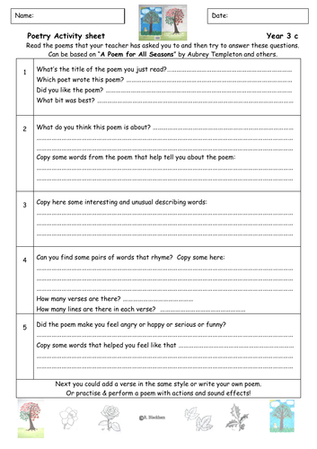 Year 3 Poetry comprehension differentiated resource sheets Primary Key ...