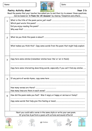 Year 3 Poetry comprehension differentiated resource sheets Primary Key ...