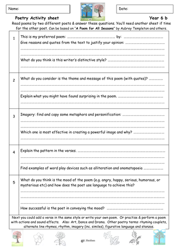 Year 6 Poetry comprehension differentiated resource sheets Primary Key ...