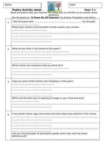 Year 7 Poetry comprehension differentiated resource sheets Primary Key ...