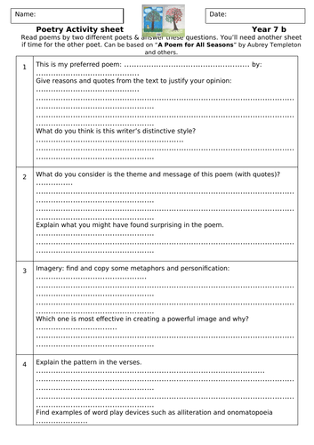 Year 7 Poetry comprehension differentiated resource sheets Primary Key ...