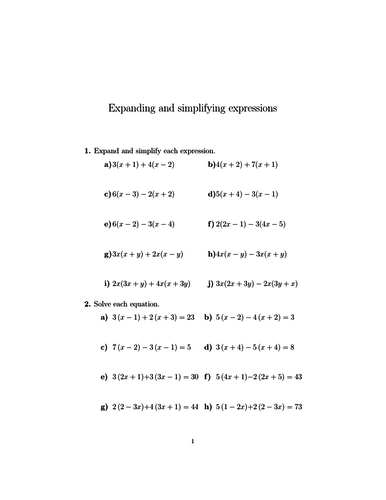 Expanding and simplifying expressions worksheet no 2 (with solutions ...
