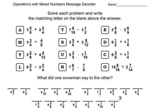 Operations with Mixed Numbers Activity: Math Message Decoder | Teaching ...