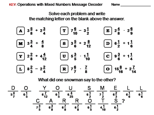 Operations with Mixed Numbers Activity: Math Message Decoder | Teaching Resources