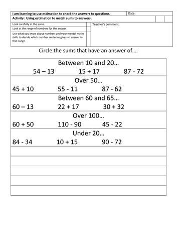 Estimation KS1: estimate the calculation and match sums to answers ...