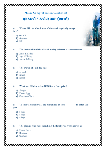 Movie Ready Player One 2018 comprehension Worksheet with Key | Teaching ...