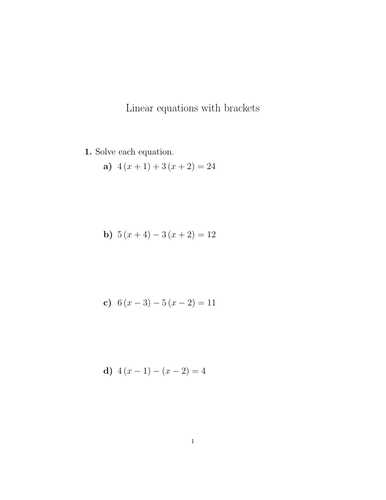 Linear equations with brackets worksheet no 3 (with solutions ...