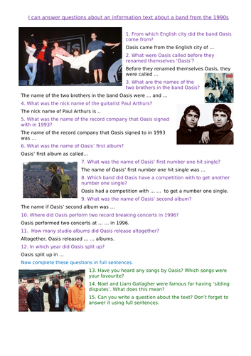 Oasis Comprehension Activity 1990s Information Biography | Teaching ...