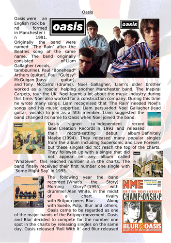 Oasis Comprehension Activity 1990s Information Biography | Teaching ...