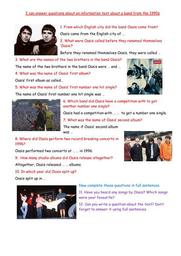 Oasis Comprehension Activity 1990s Information Biography | Teaching ...