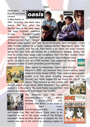 Oasis Comprehension Activity 1990s Information Biography | Teaching ...