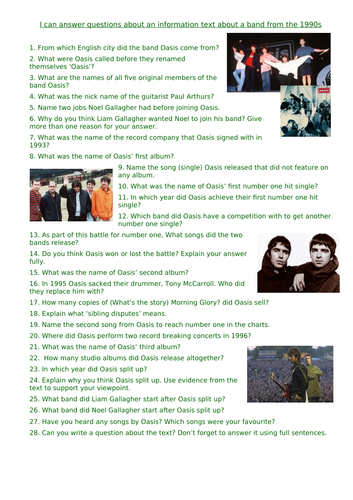 Oasis Comprehension Activity 1990s Information Biography | Teaching ...