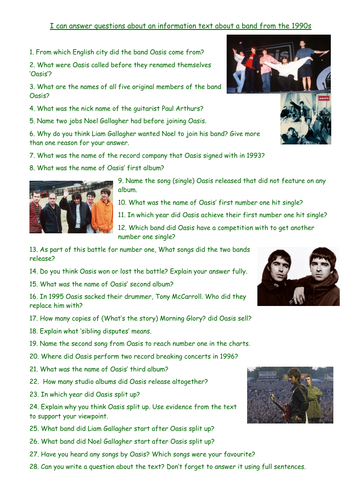Oasis Comprehension Activity 1990s Information Biography | Teaching ...