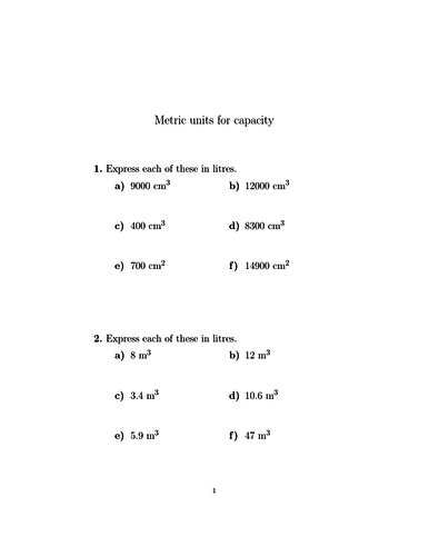Metric units for capacity worksheet (with solutions) | Teaching Resources