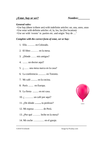 Hay, Estar and Ser with Location: Spanish Worksheet | Teaching Resources