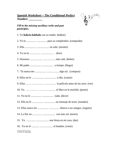 Spanish Conditional Perfect Worksheet: Condicional Perfecto | Teaching ...
