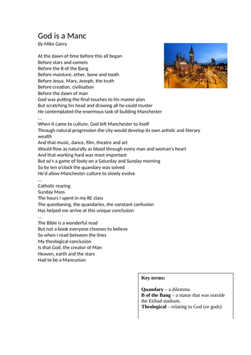 GCSE Poetry 'God is a Manc' by Mike Garry | Teaching Resources