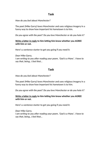 GCSE Poetry 'God is a Manc' by Mike Garry | Teaching Resources