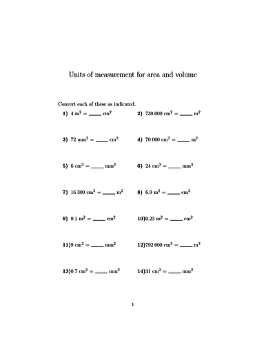 Units of measurement for area and volume worksheet (with solutions ...