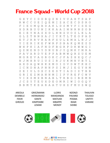 Wordsearch puzzle for the France football squad of World Cup 2018 ...