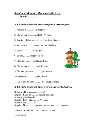 Spanish Shortened Adjectives Worksheet (bueno, alguno, primero ...