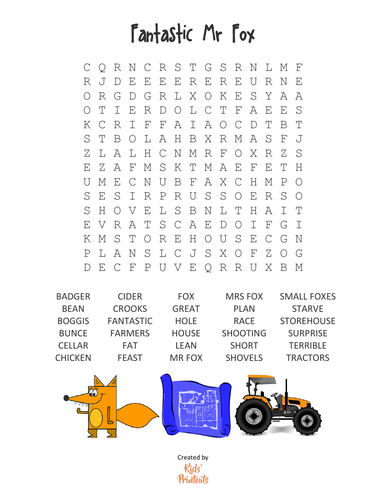 Wordsearch puzzle for Fantastic Mr Fox - Roald Dahl (30 words ...