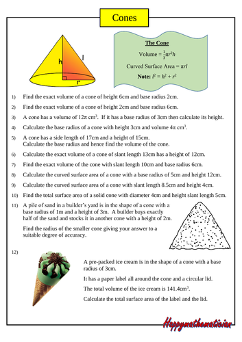 The Volume and Surface Area Of Cones and Spheres - Worksheets With ...