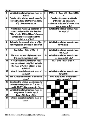 AQA Combined Science - Quantitative Chemistry Crossword Foundation ...