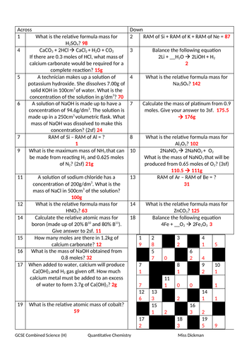 AQA Combined Science - Quantitative Chemistry Crossword Higher (with ...