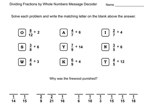 Dividing Fractions by Whole Numbers Activity: Math Message Decoder ...