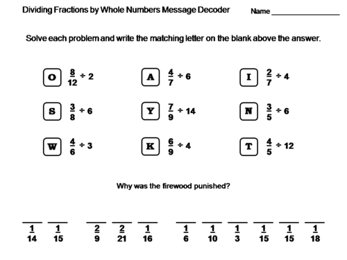 Dividing Fractions by Whole Numbers Activity: Math Message Decoder | Teaching Resources