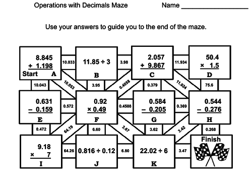 Operations with Decimals: Math Maze | Teaching Resources