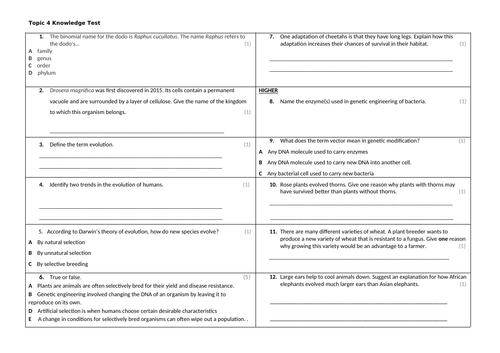 Edexcel CB4 Biology Knowledge Assessment | Teaching Resources