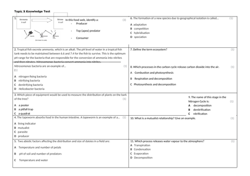 Edexcel CB9 Biology Knowledge Assessment | Teaching Resources