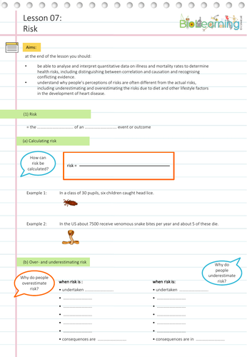 SNAB Biology Topic 1 - Lesson 7 (Risk) – WS, PPT, 2x Card sort and Word ...