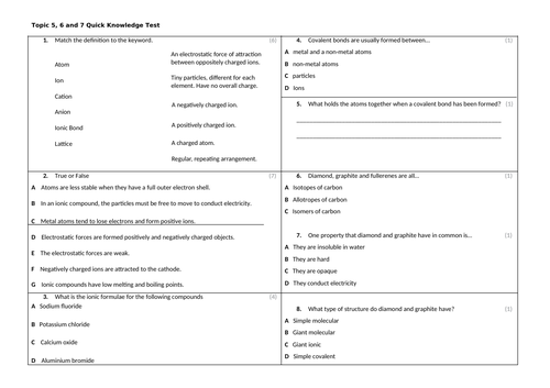 Edexcel CC5,6&7 Chemistry Knowledge Assessments | Teaching Resources