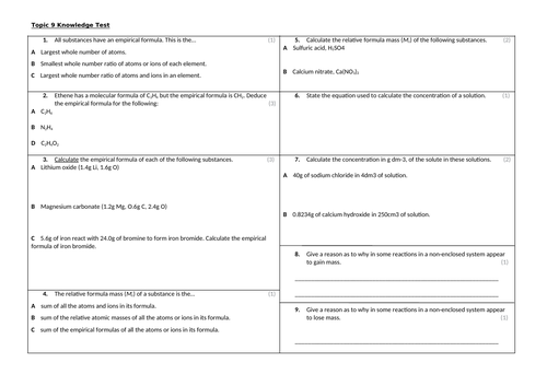 Edexcel CC9 Chemistry Knowledge Assessment | Teaching Resources