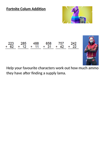 Fortnite themed column addition worksheets | Teaching Resources