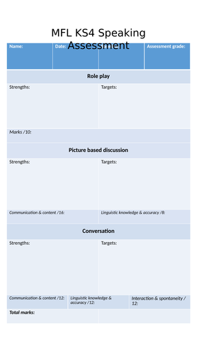 MFL KS3 and KS4 assessment feedback forms for new Edexcel GCSE criteria ...