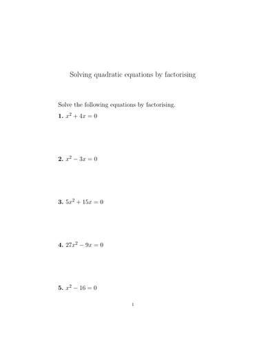 Solving quadratic equations by factorising worksheet no 3 (with ...