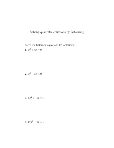 Solving quadratic equations by factorising worksheet no 3 (with ...