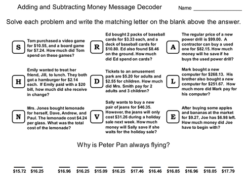 Adding and Subtracting Money Worksheet: Math Message Decoder | Teaching ...