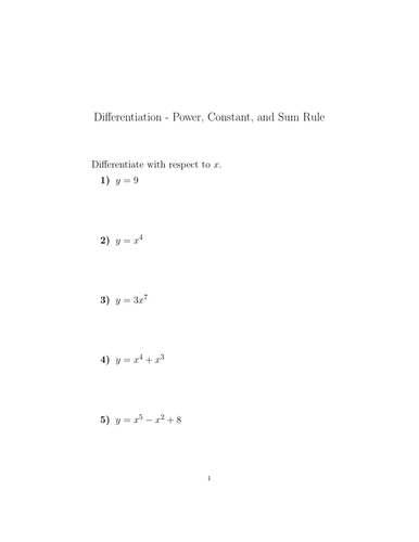 Differentiation - Power, Constant, and Sum Rule worksheet no 2 (with ...
